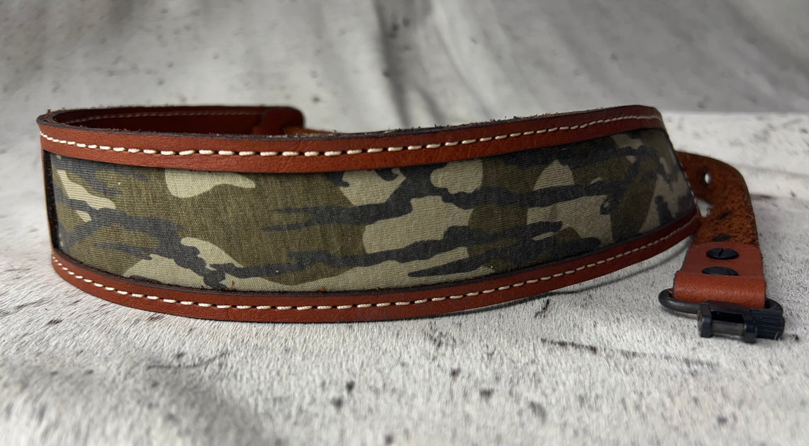 "Adjustable Leather" Gun Sling with Mossy Oak Bottomland Camo Inlay ...